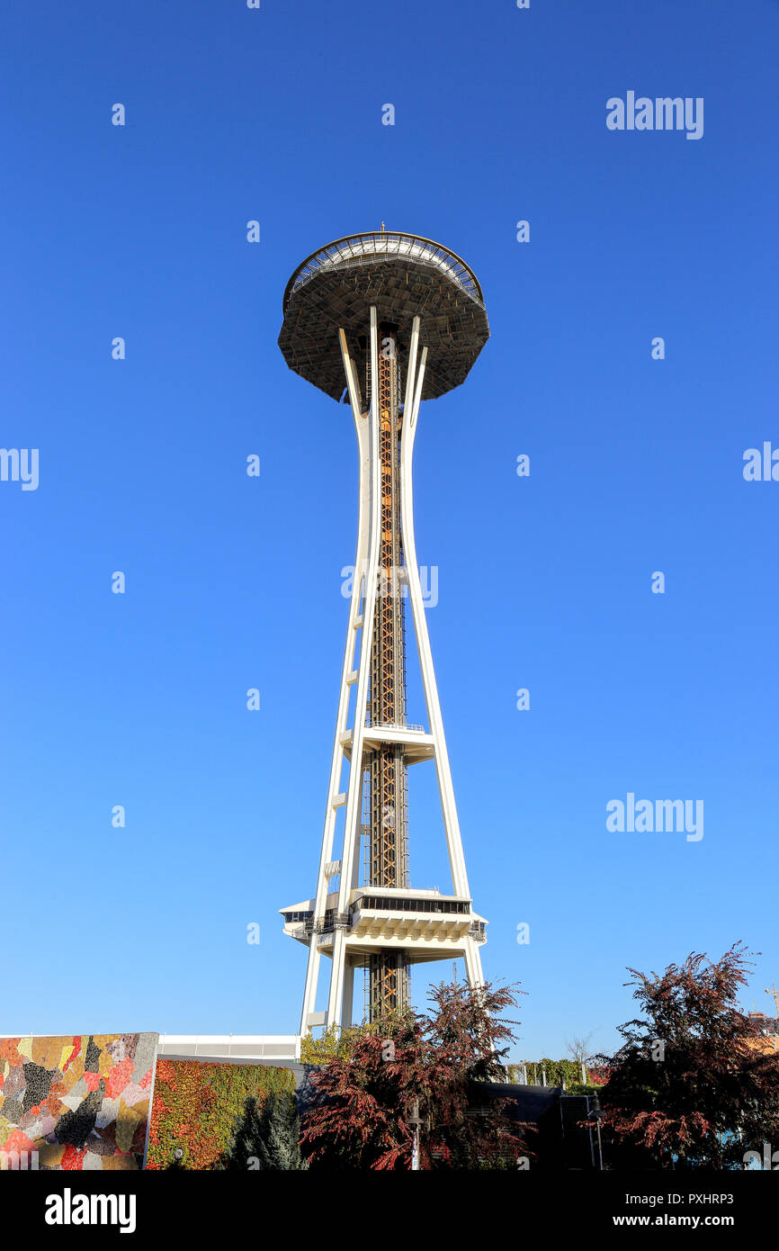 A view of Space needle in Seattle Washington from the ground daytime ...