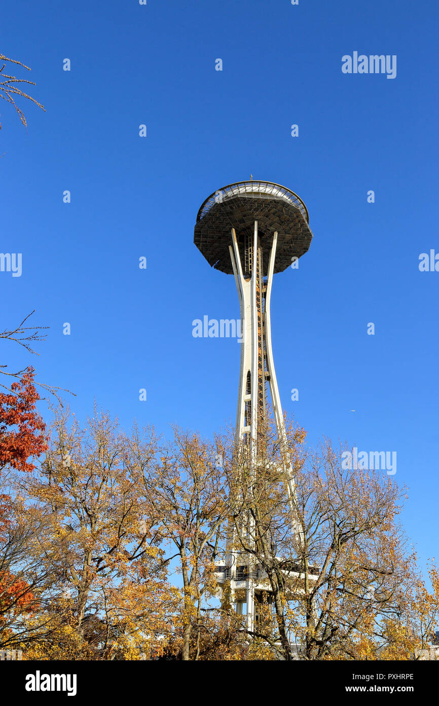 A view of Space needle in Seattle Washington from the ground daytime ...