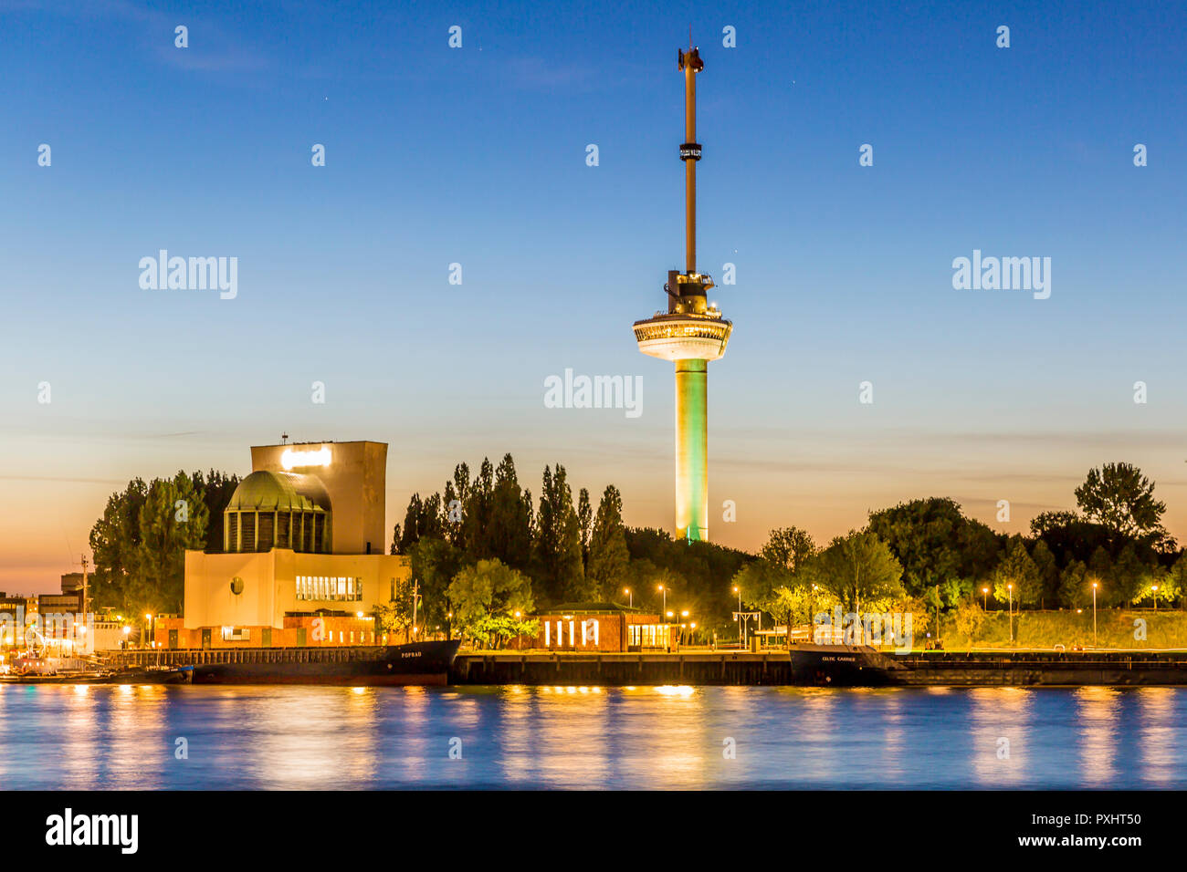 beautiful night view of the Euromast tower in Rotterdam in the ...