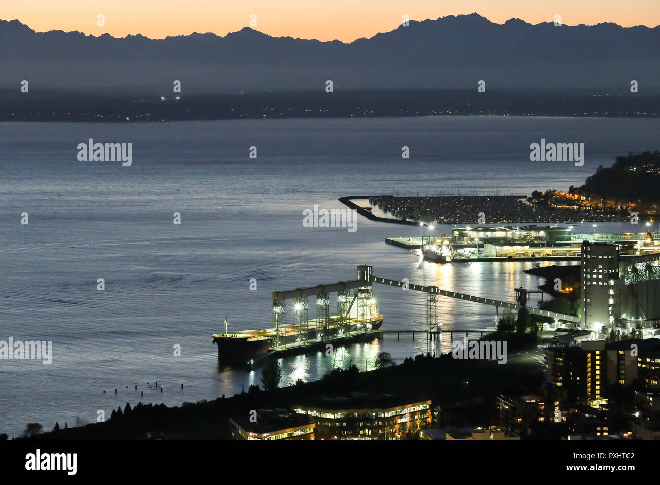 A View Over Elliott bay and Smith cove from Space needle after sunset ...