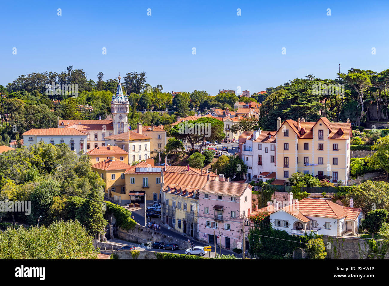 View of Sintra town showing the towered council building from the royal ...