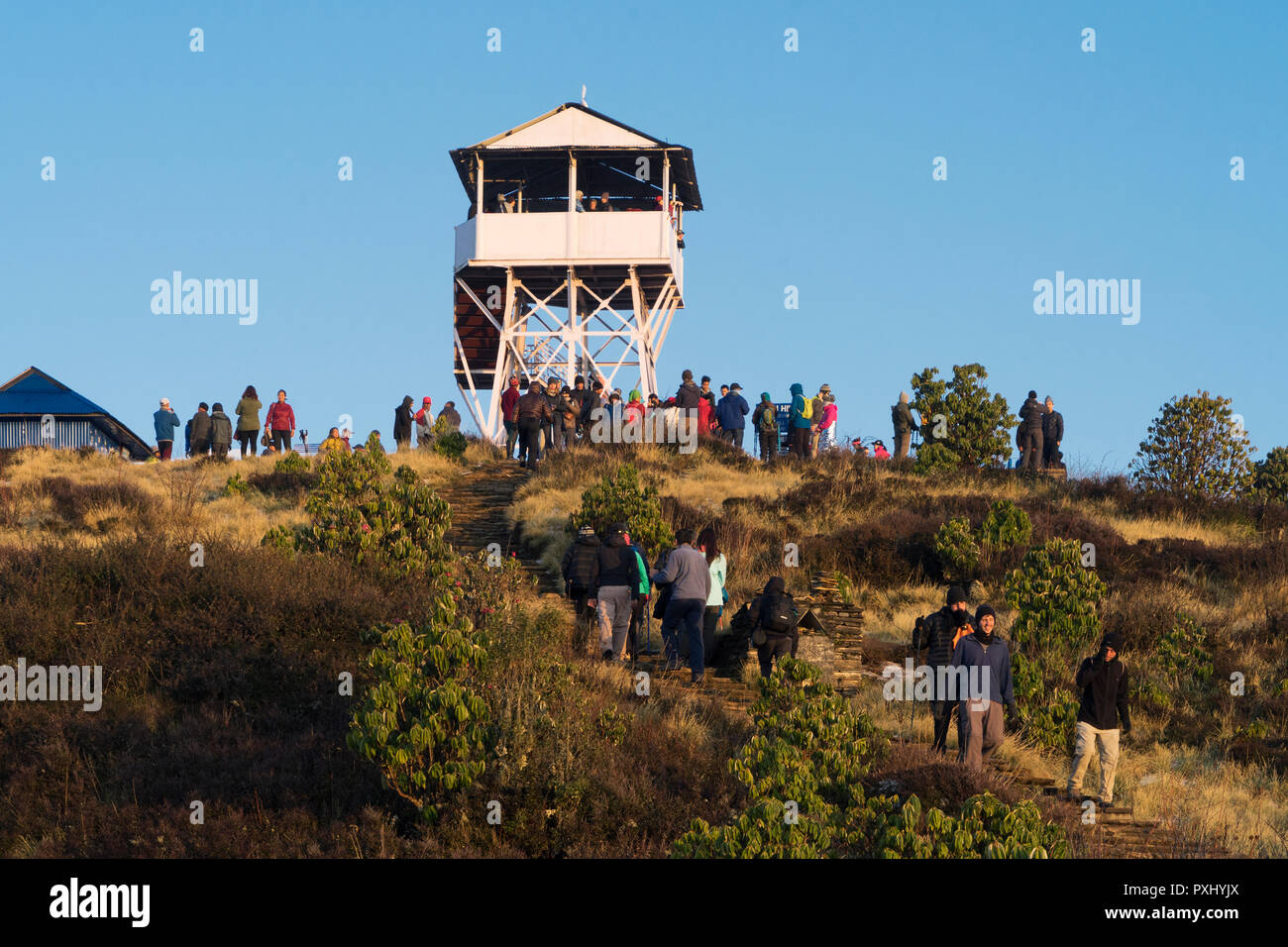 Visitors at Poon Hill observation tower, Annapurna region, Nepal Stock ...
