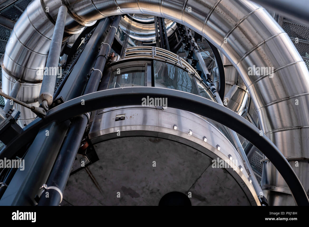 Interior of wooden-steel structure of Pyramidenkogel observation tower ...