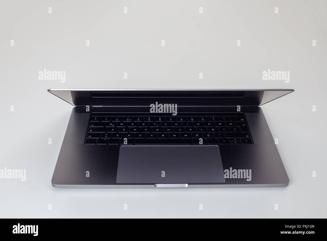 New high-speed thin grey aluminum laptop computer notebook front view ...