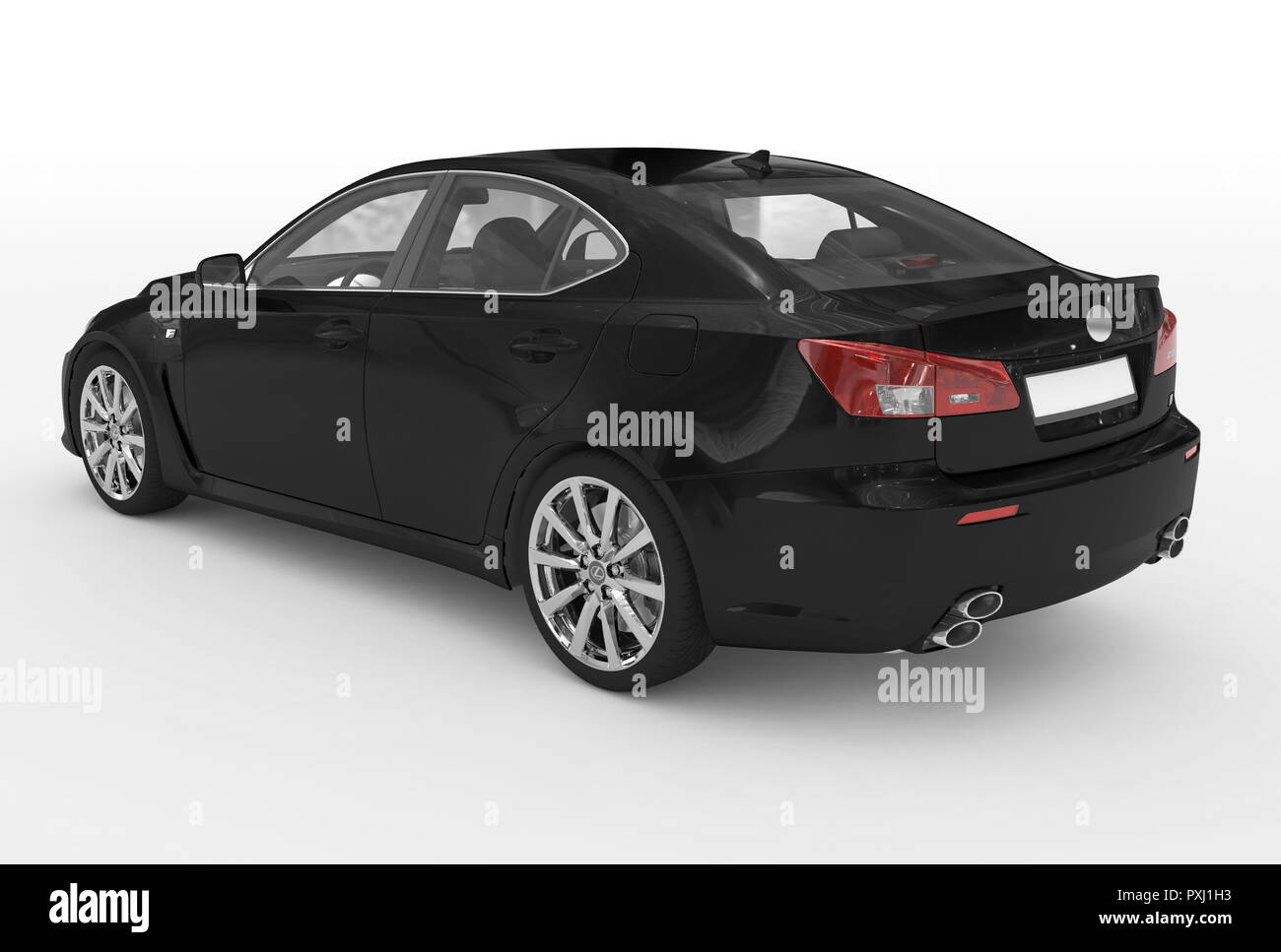 car isolated on white - black paint, transparent glass - back-left side ...