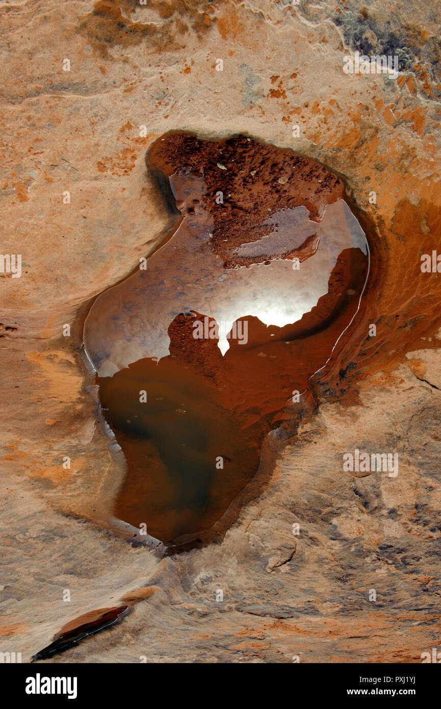 Reflection of backlit sandstone mesas in a pothole filled with rain ...