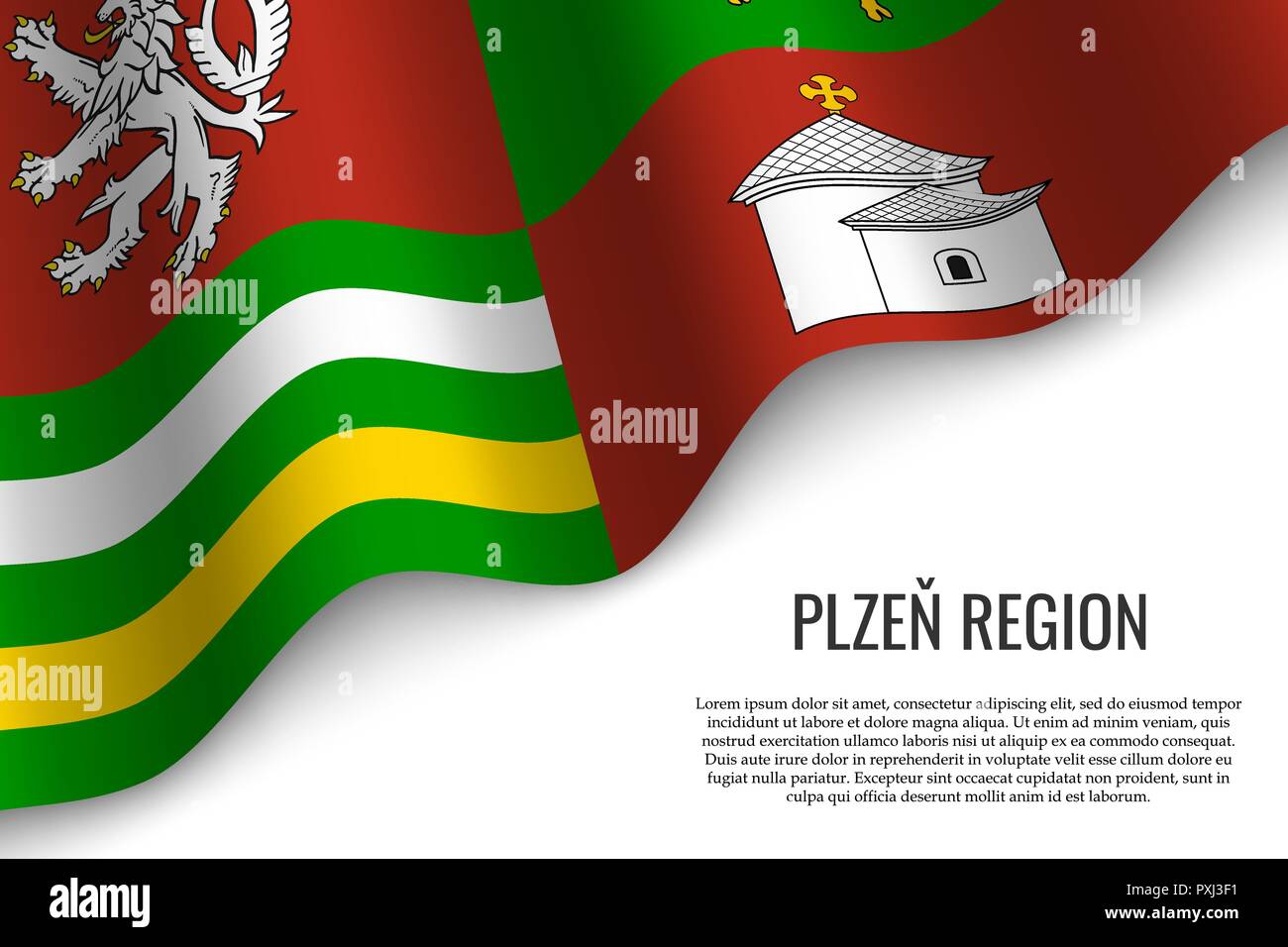 waving flag of Plzen Region is a region of Czech Republic on white ...