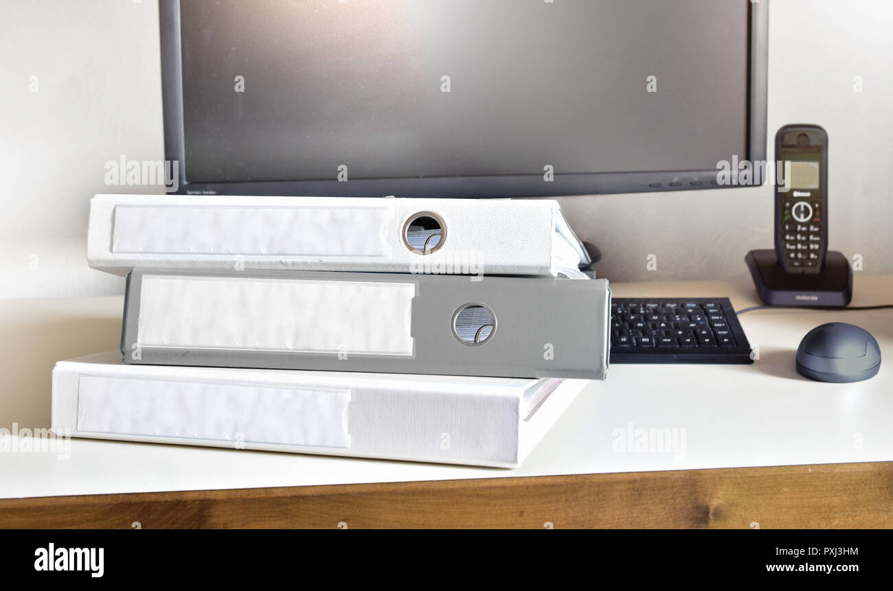 desk folder data privacy pc telephone files keyboard job office Stock ...