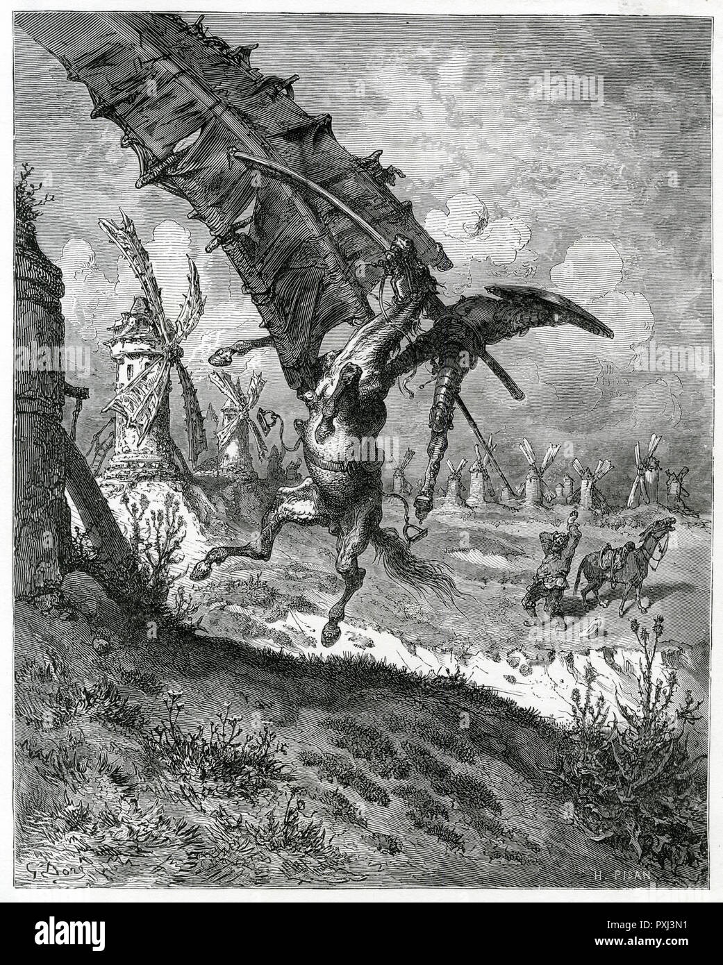 Don Quixote attacks a windmill Stock Photo - Alamy