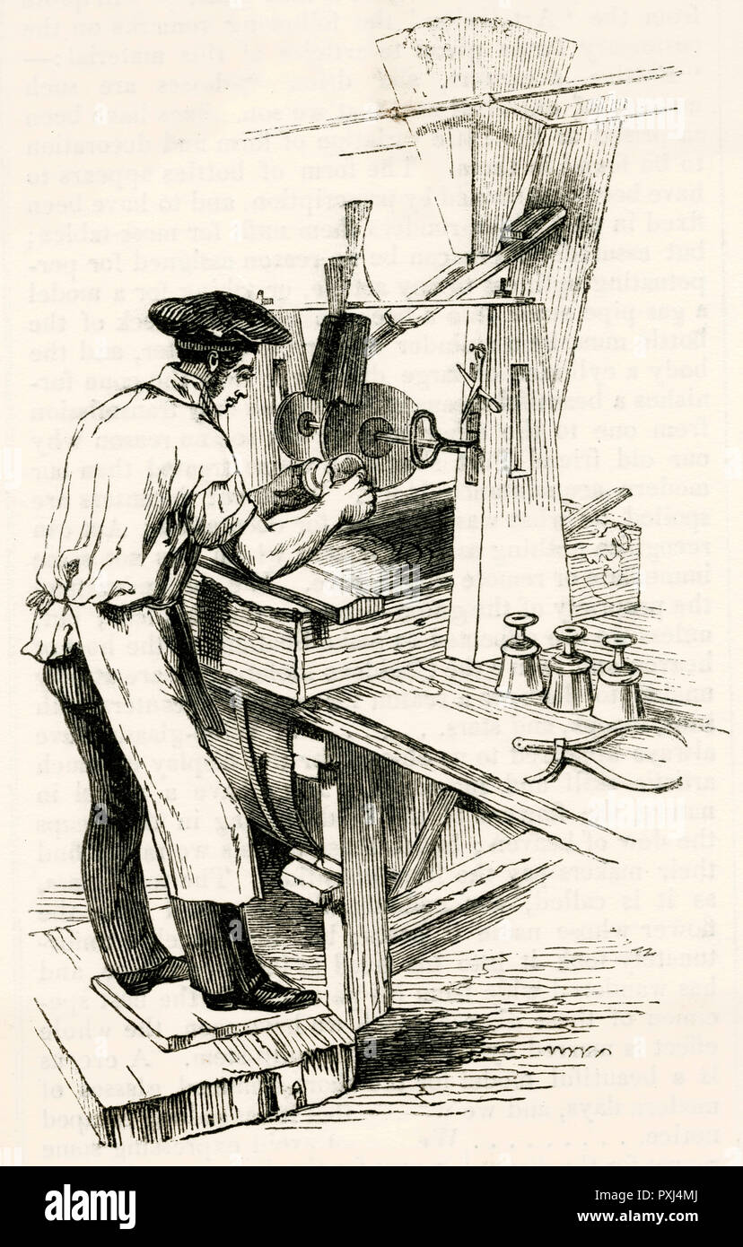 Scene in a Flint Glass Factory, glass cutter at work 1841 Stock Photo ...