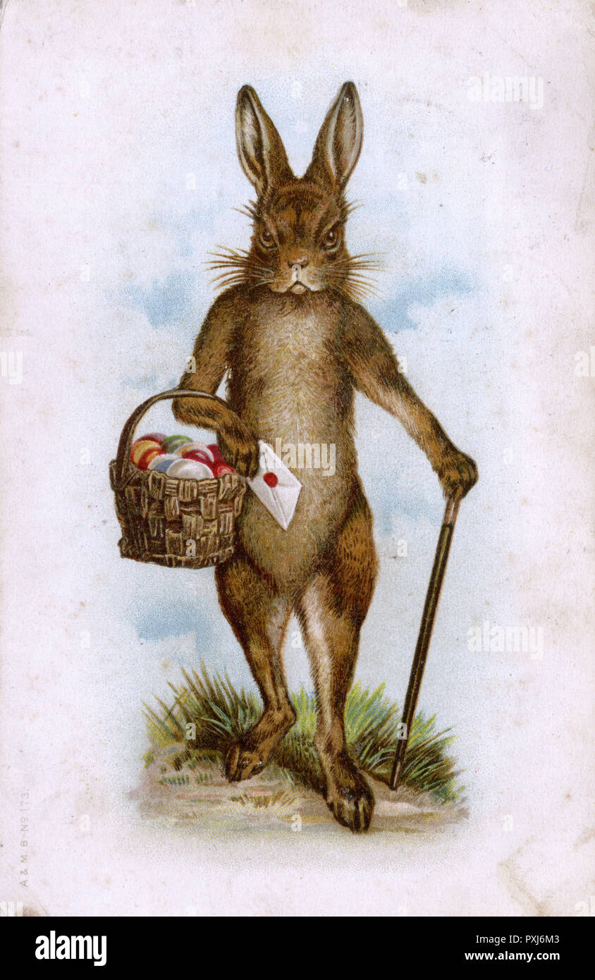 A rather stern-looking Easter bunny delivering cards & eggs Stock Photo ...