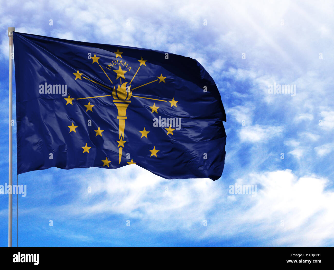 flag State of Indiana on a flagpole in front of blue sky Stock Photo ...