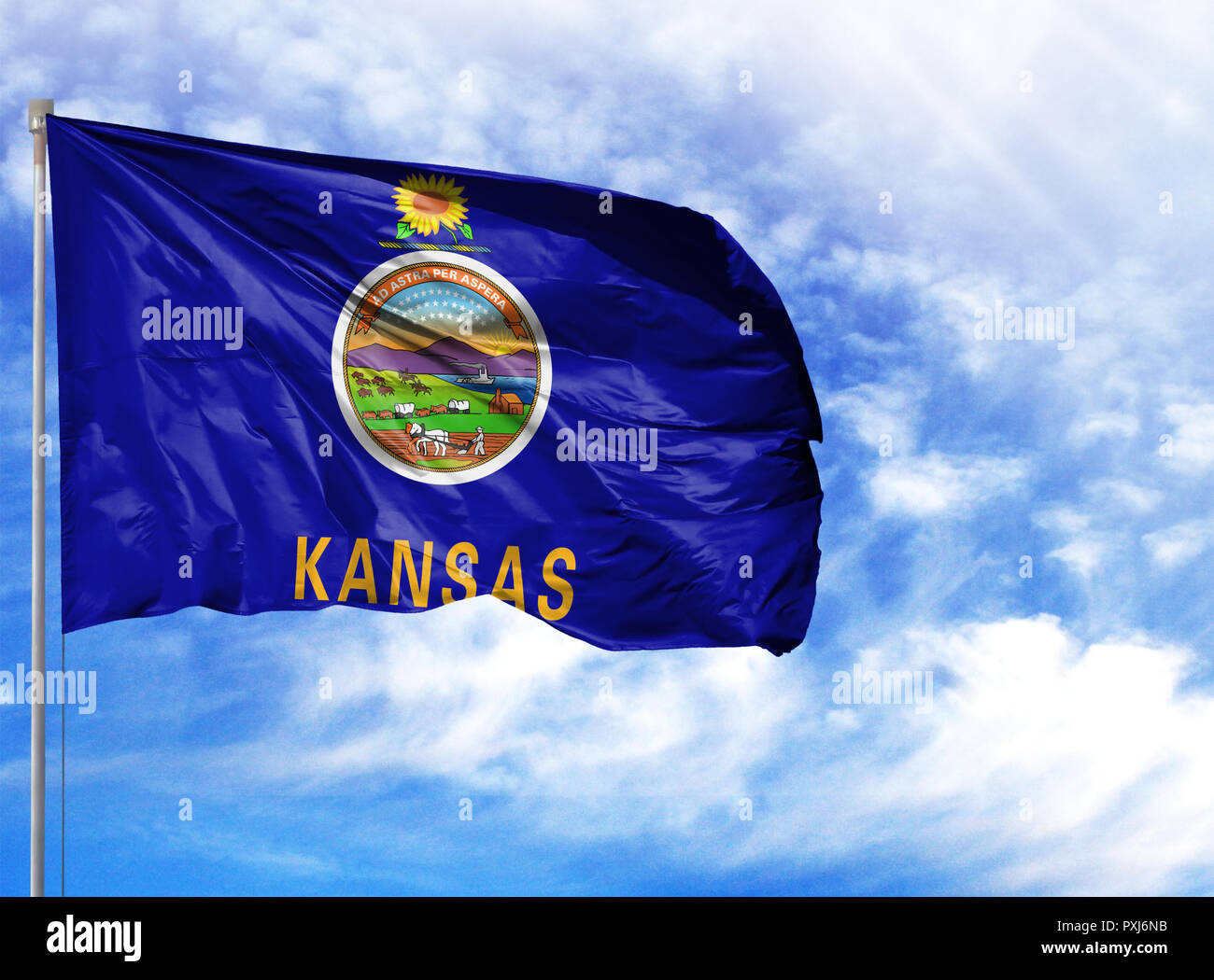 flag State of Kansas on a flagpole in front of blue sky Stock Photo - Alamy