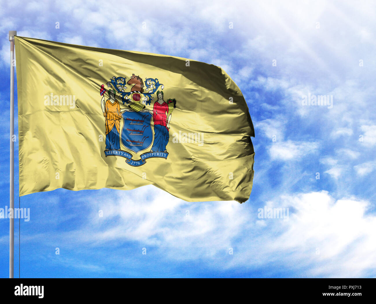 flag State of New Jersey on a flagpole in front of blue sky Stock Photo ...