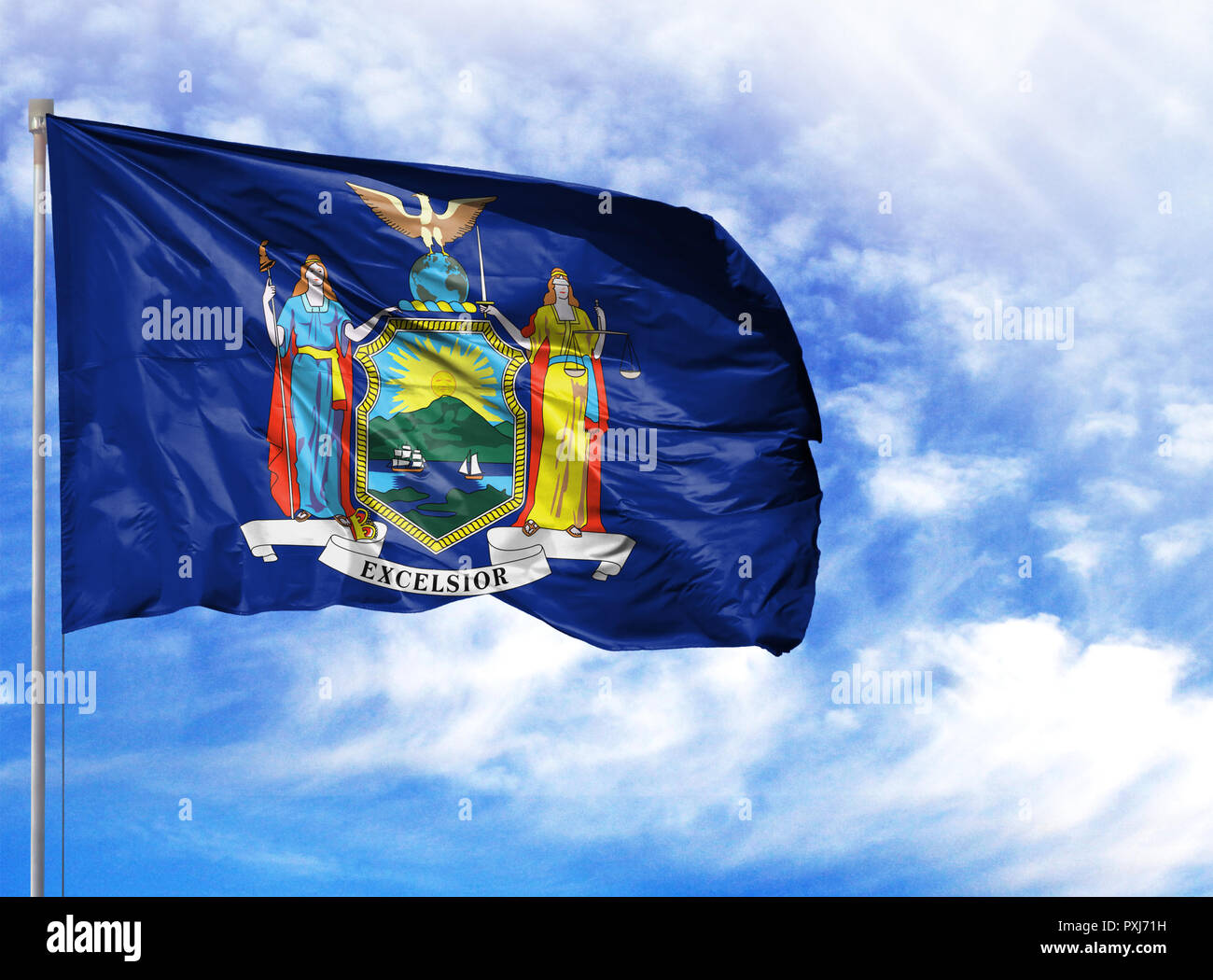 flag State of New York on a flagpole in front of blue sky Stock Photo ...