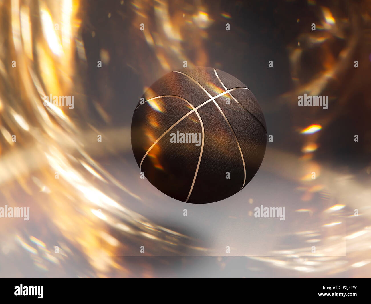 Basketball close-up on black background with bokeh, spotlights and fire ...