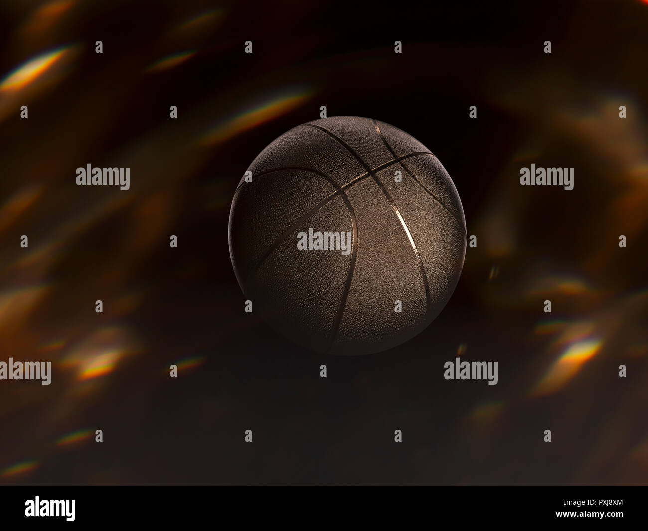 Basketball close-up on black background with bokeh, spotlights and fire ...