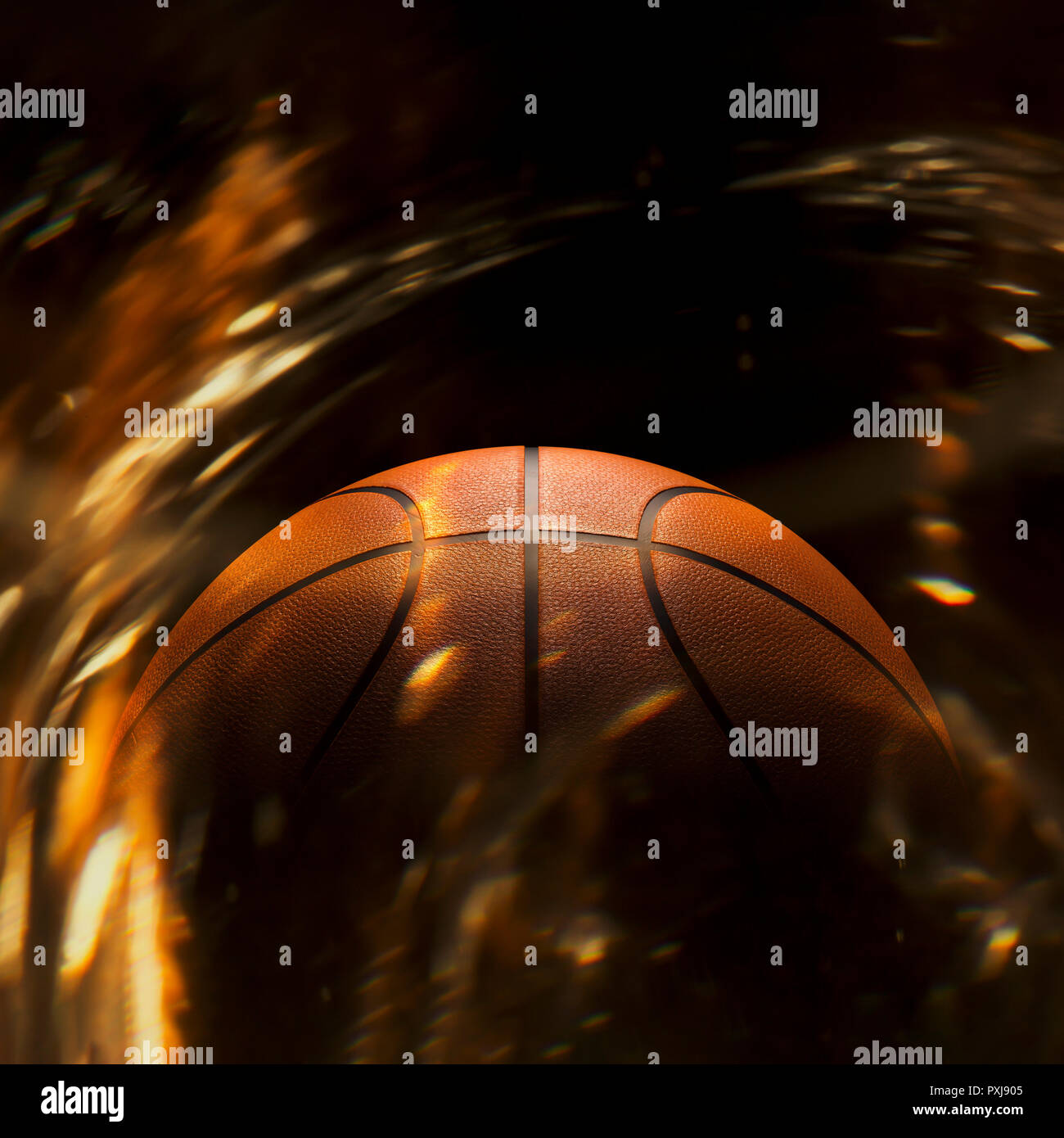 Basketball close-up on black background with bokeh, spotlights and fire ...