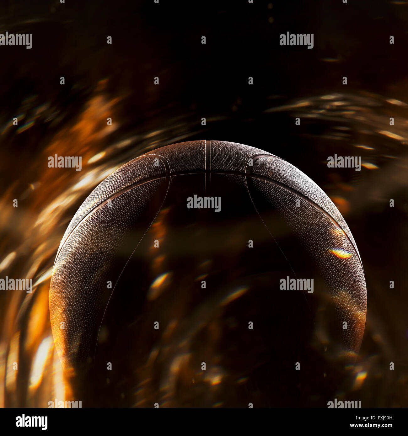 Basketball close-up on black background with bokeh, spotlights and fire ...