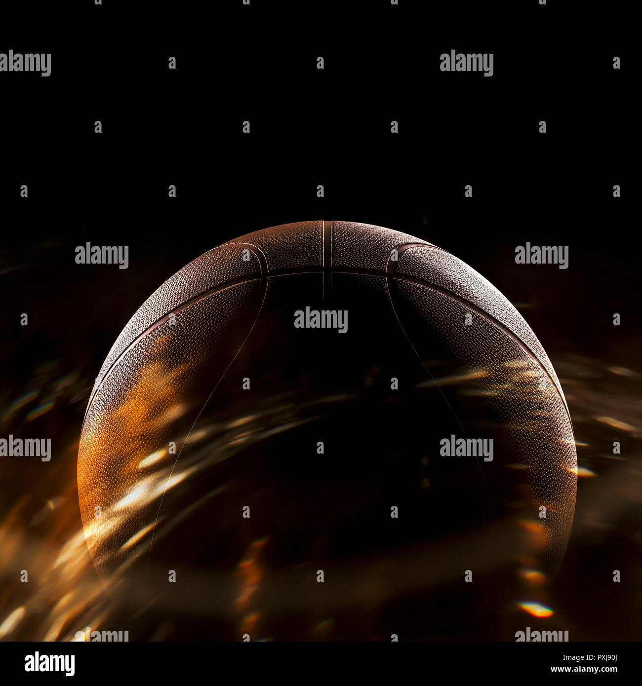 Basketball close-up on black background with bokeh, spotlights and fire ...