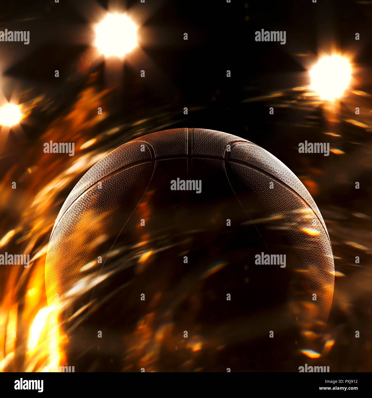 Basketball close-up on black background with bokeh, spotlights and fire ...