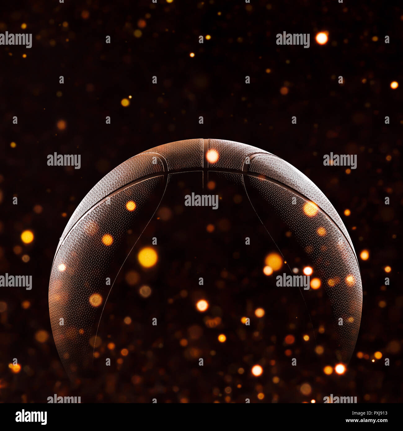 Basketball close-up on black background with bokeh, spotlights and fire ...