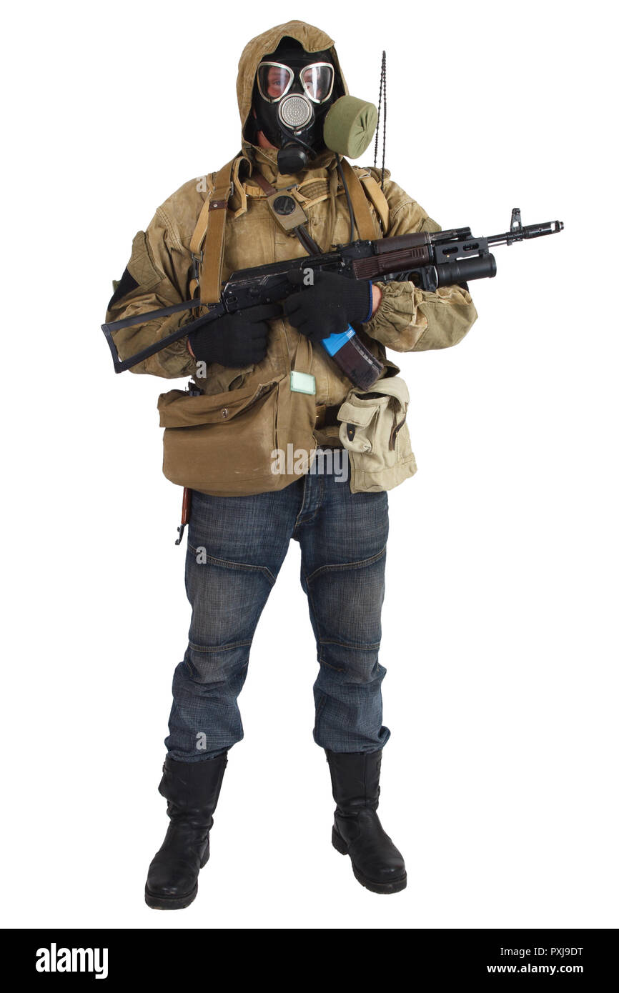 Post-apocalyptic fiction concept - stalker in gas mask with ak-47 gun ...