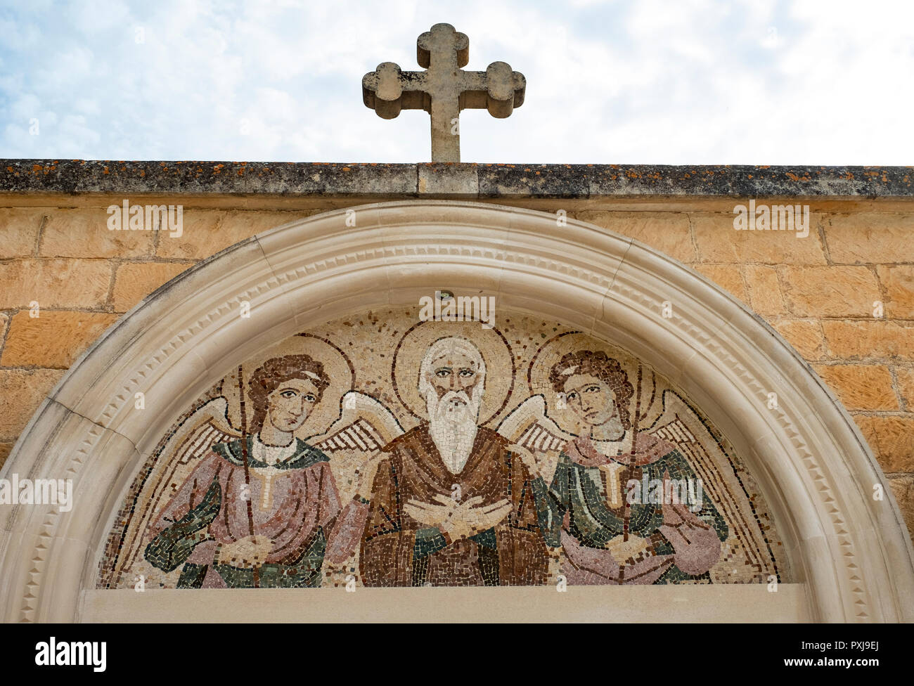 Mosaic crest above the entrance to the basilica at the Agios Neophytos ...