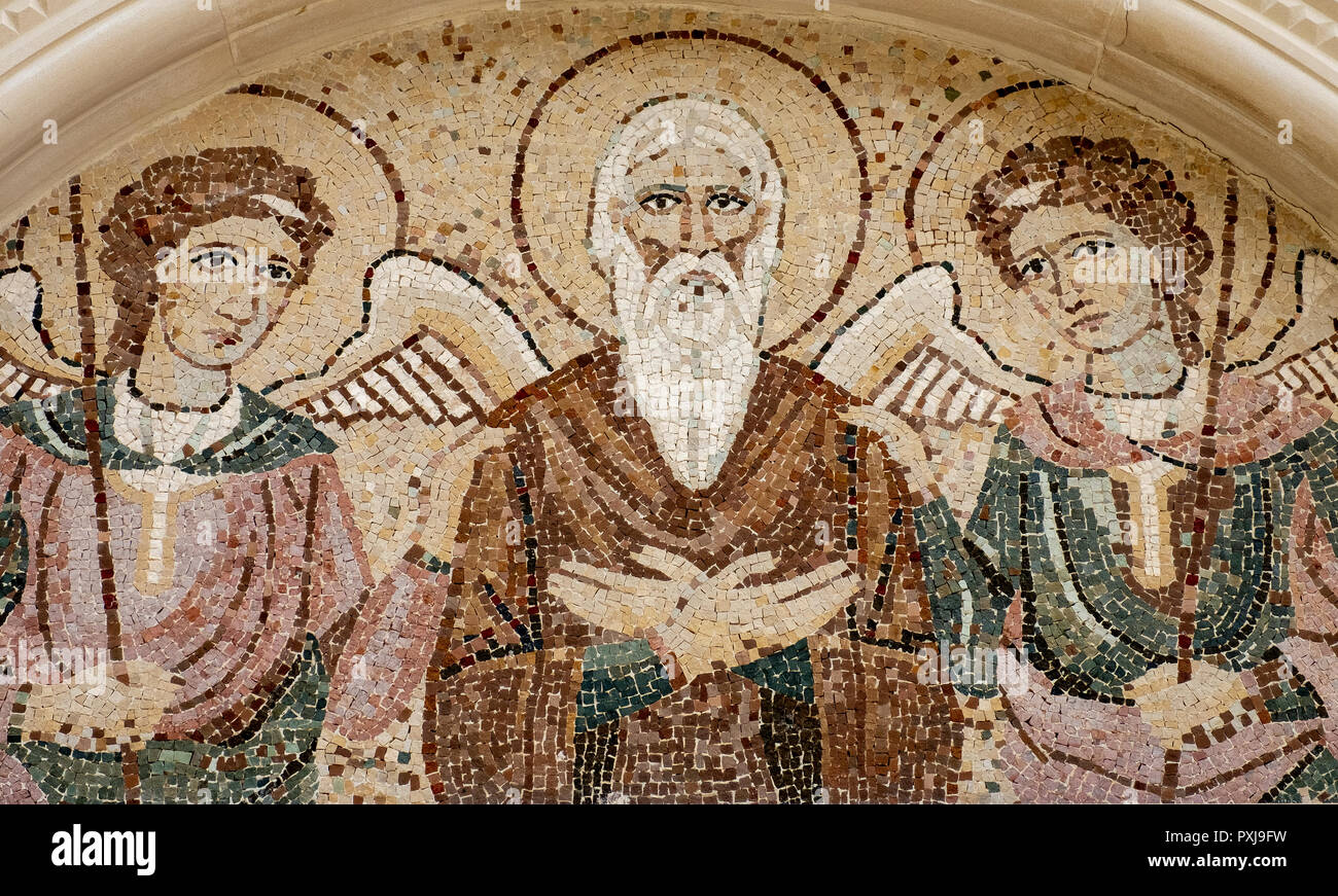 Mosaic crest above the entrance to the basilica at the Agios Neophytos ...