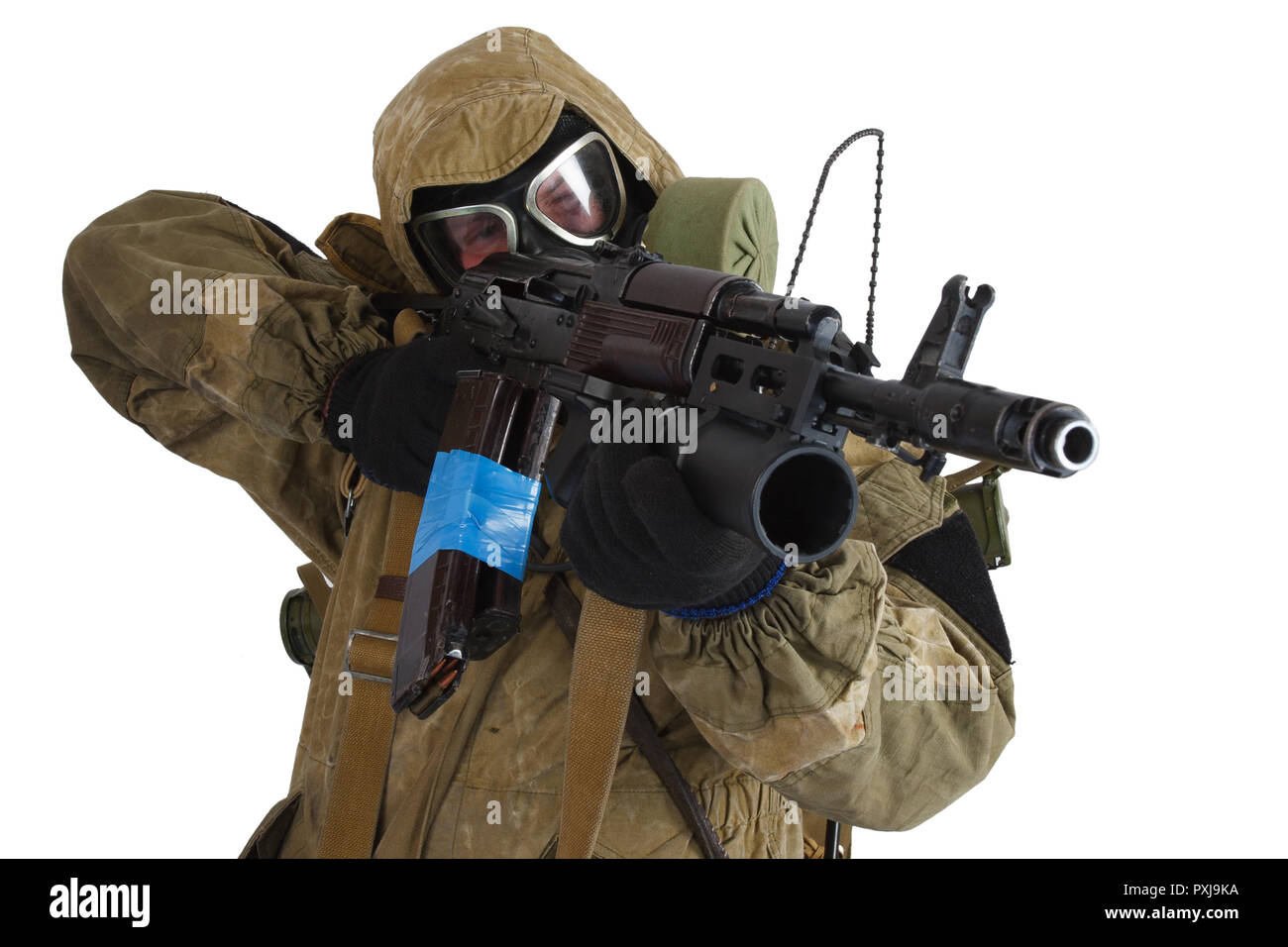 Post-apocalyptic fiction concept - stalker in gas mask with ak-47 gun ...