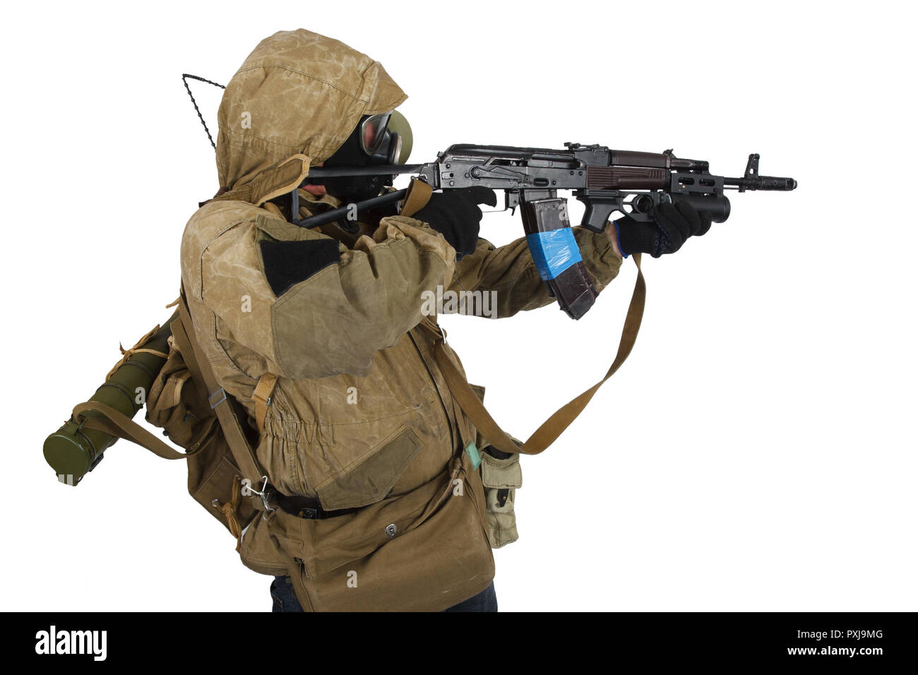 Post-apocalyptic fiction concept - stalker in gas mask with ak-47 gun ...