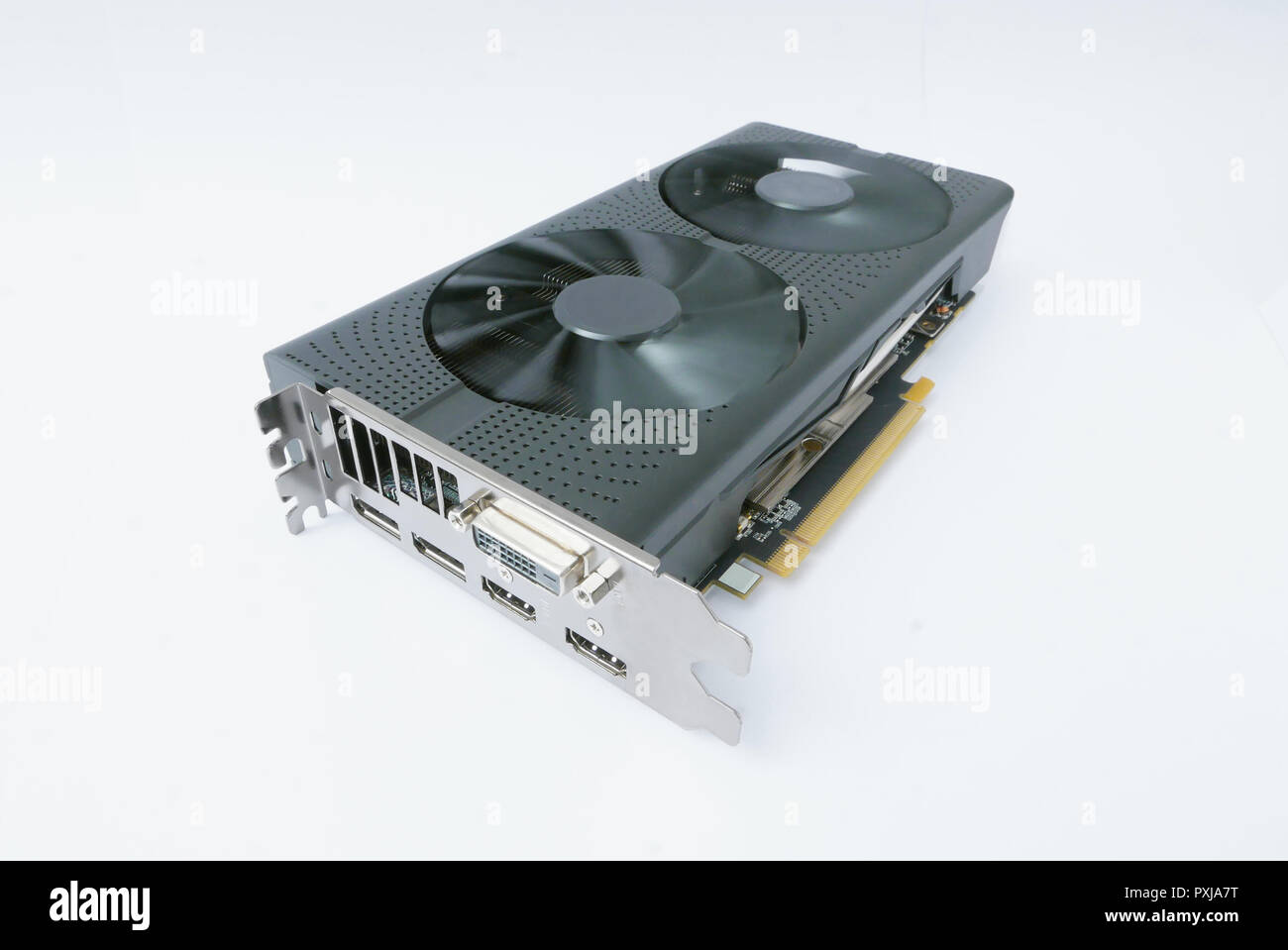 Powerful graphics card with spinning fans of cooling system isolated on ...
