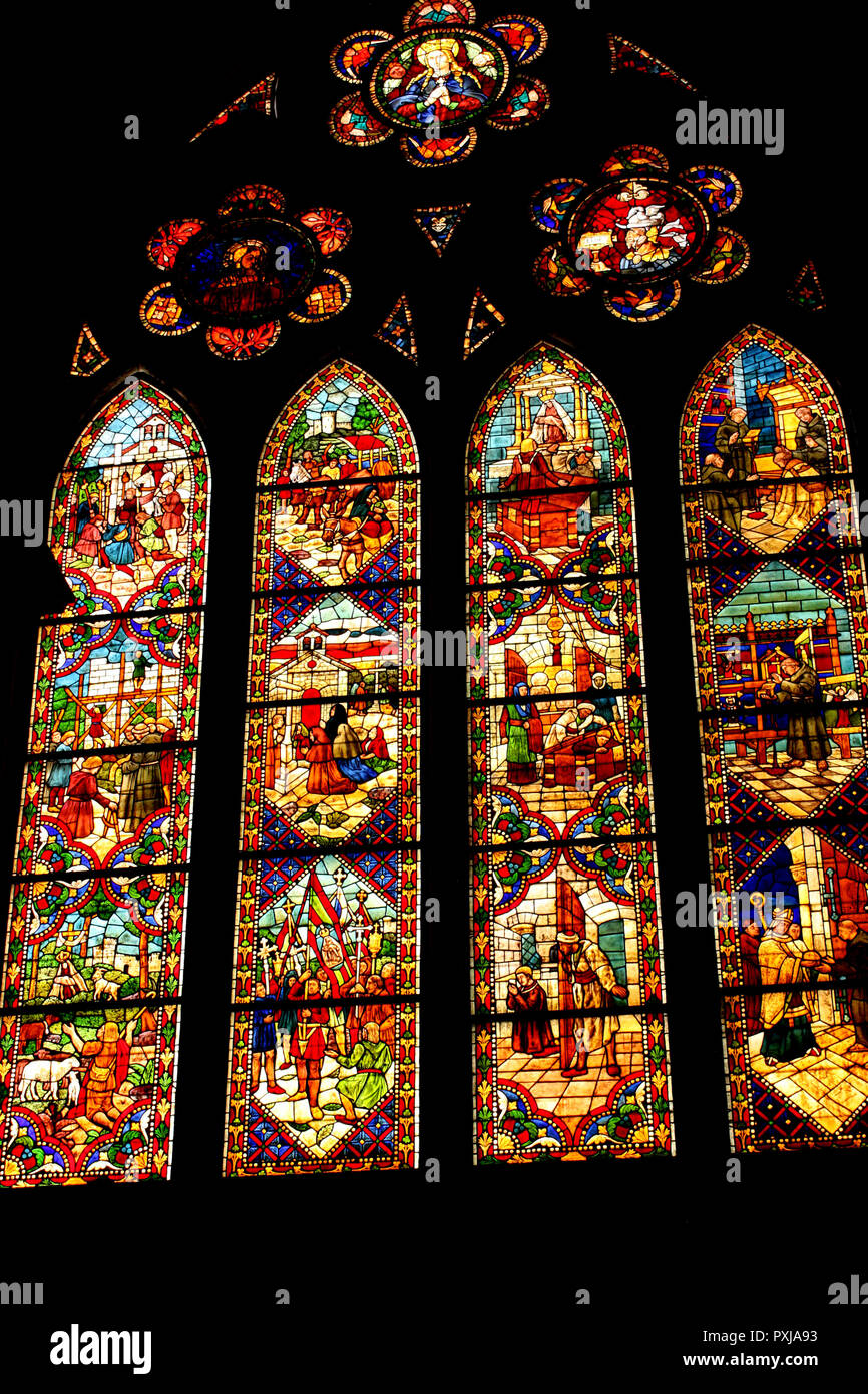 A stained glass window on the south side of Leon Cathedral, Spain Stock ...