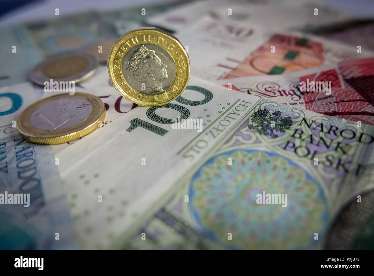 European currencies background, euro, british pound and polish zloty ...