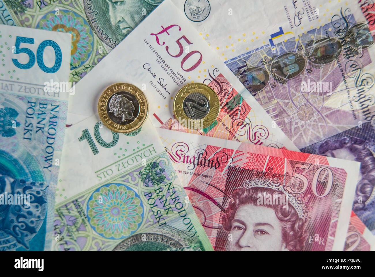 Polish zloty and British pound currencies background Stock Photo - Alamy