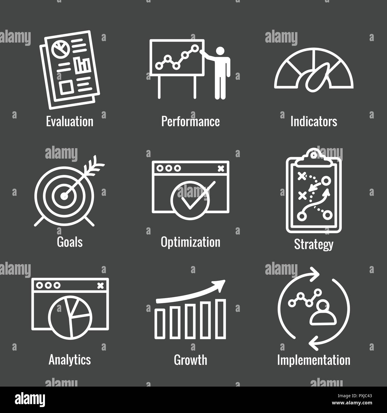 Kpi Key Performance Indicators Icon Set With Evaluation Growth
