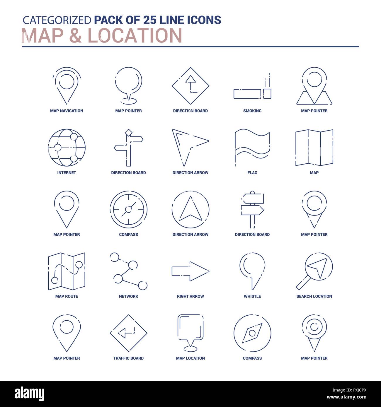Vintage Map and Location Icon set - 25 Flat Line icon set Stock Vector ...