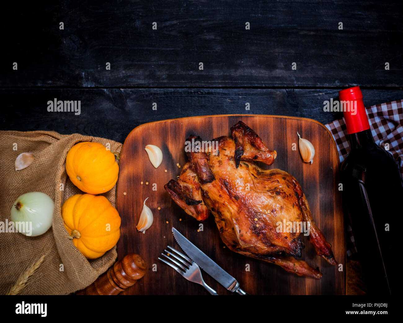 Happy Thanksgiving day. Roasted chicken and turkey for party in Autumn ...