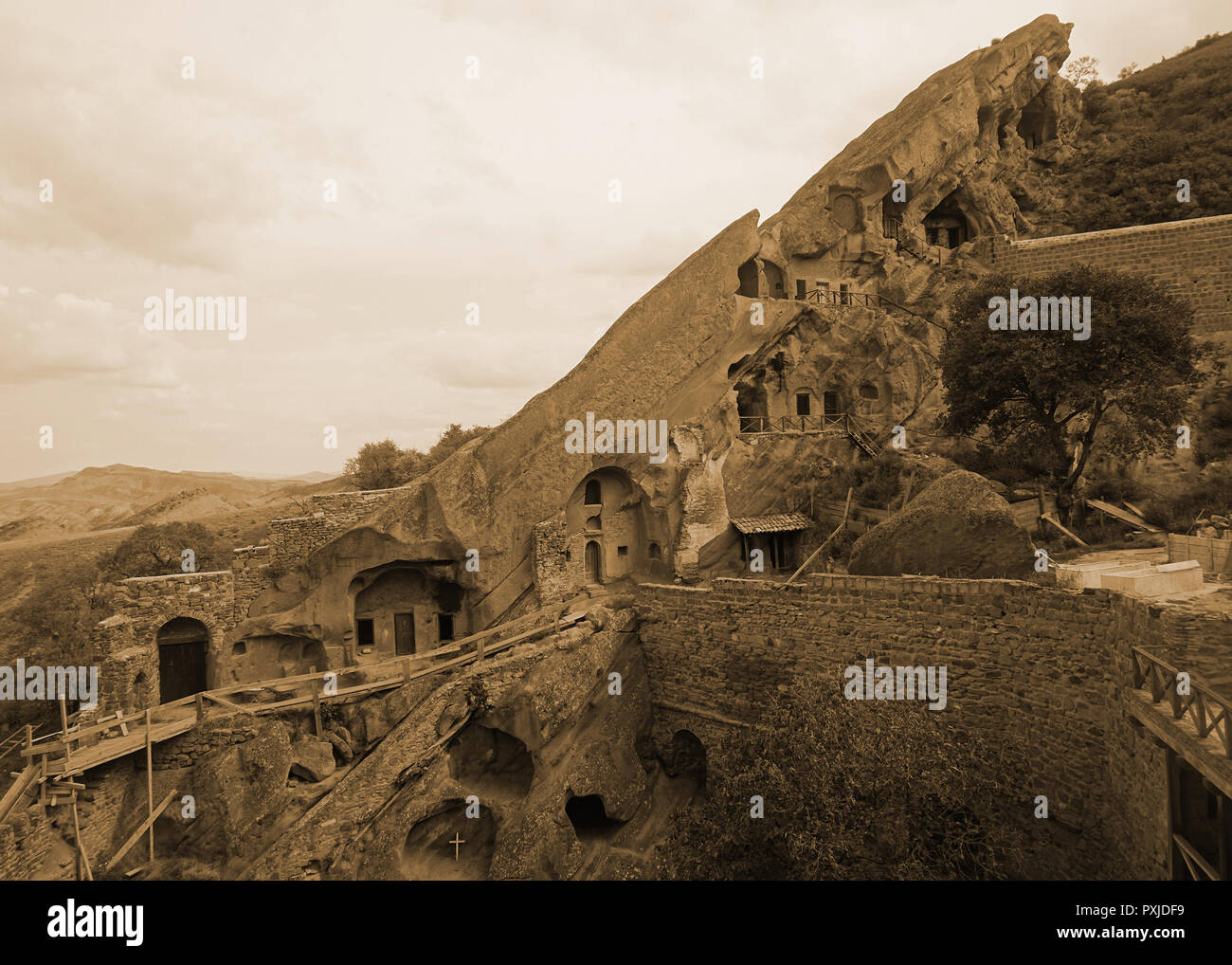 Monastery David Gareja Grotto Wall with Sepia Tone Effect Stock Photo ...