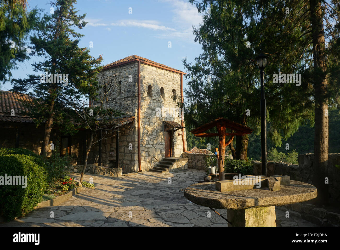 Motsameta Monastery Courtyard Main View with Trees and Blue Sky Stock ...
