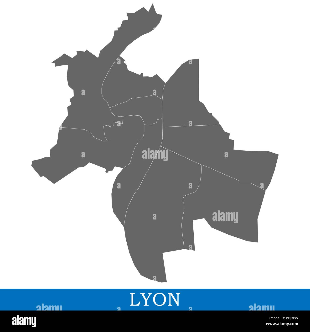 High Quality map of Lyon is a city of France, with borders of districts ...