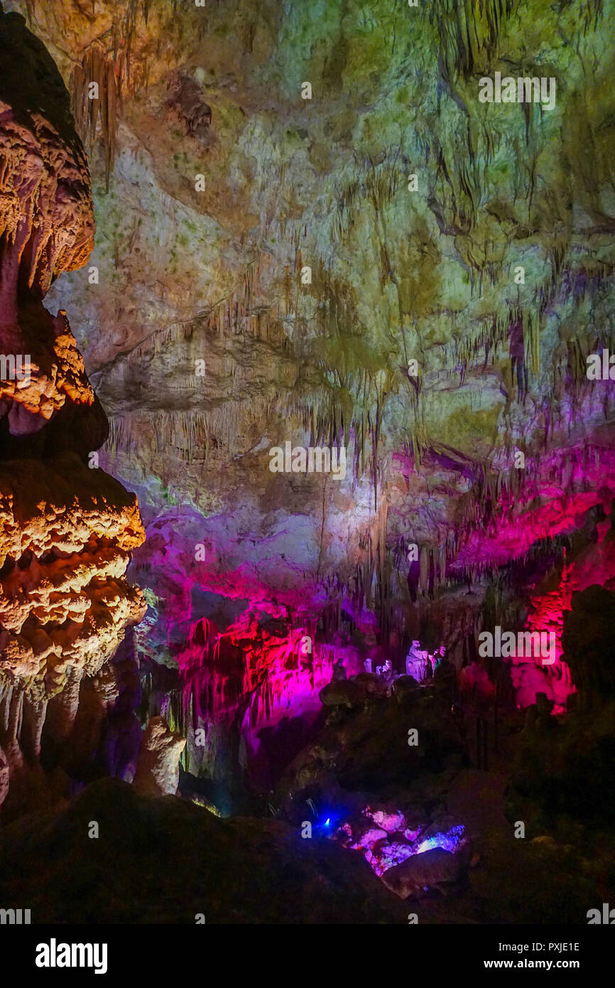 Stalactites Interior View Prometheus Cave with Purple Lights Stock ...