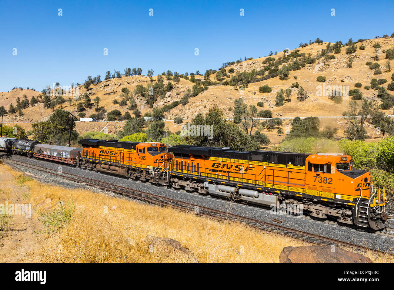 An eastbound Union Pacific train in the Tehachapi Loop of Californai ...