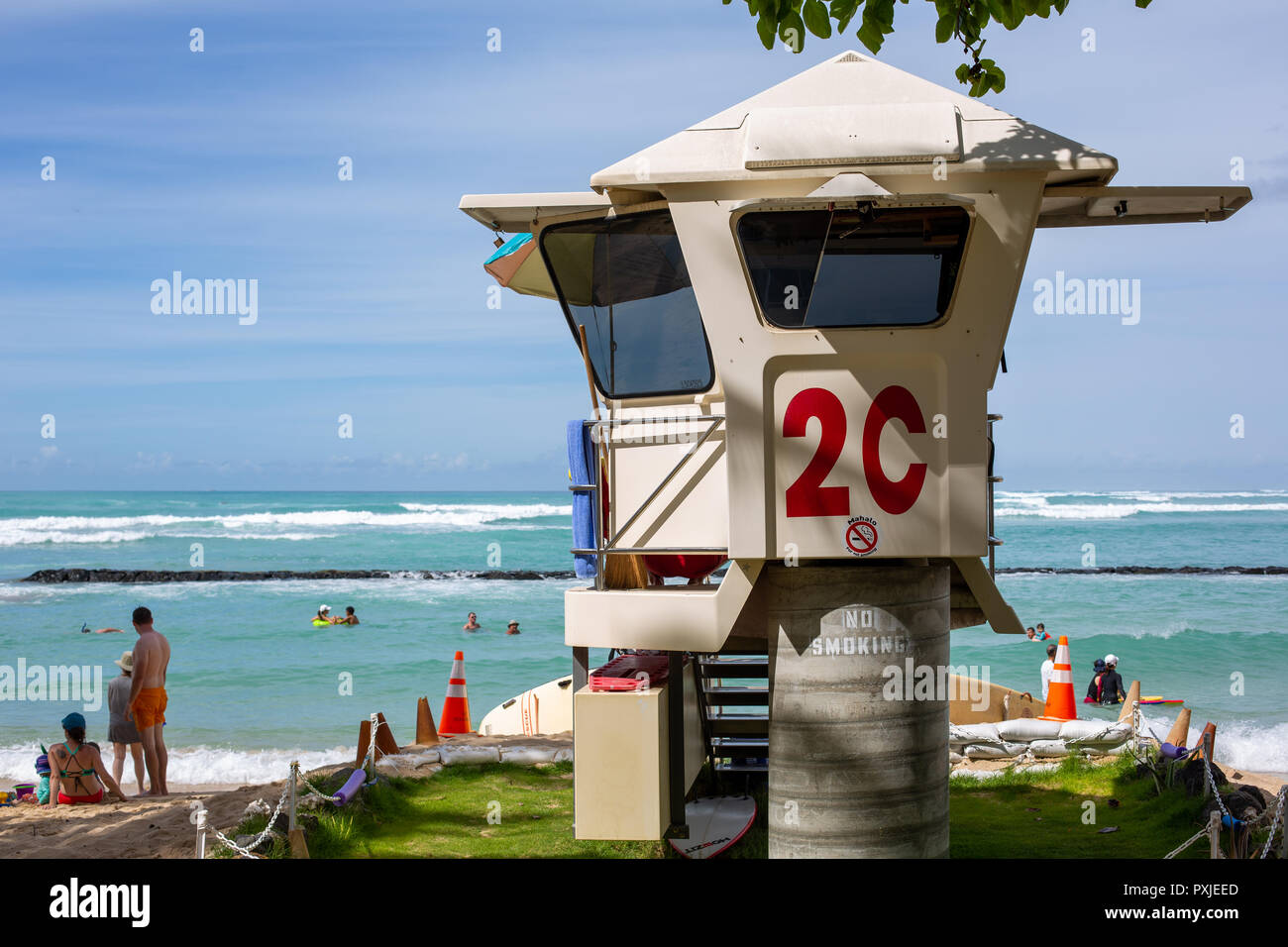 The iconic 2C lifeguard tower at Waikiki Beach Honolulu Hawaii on a ...