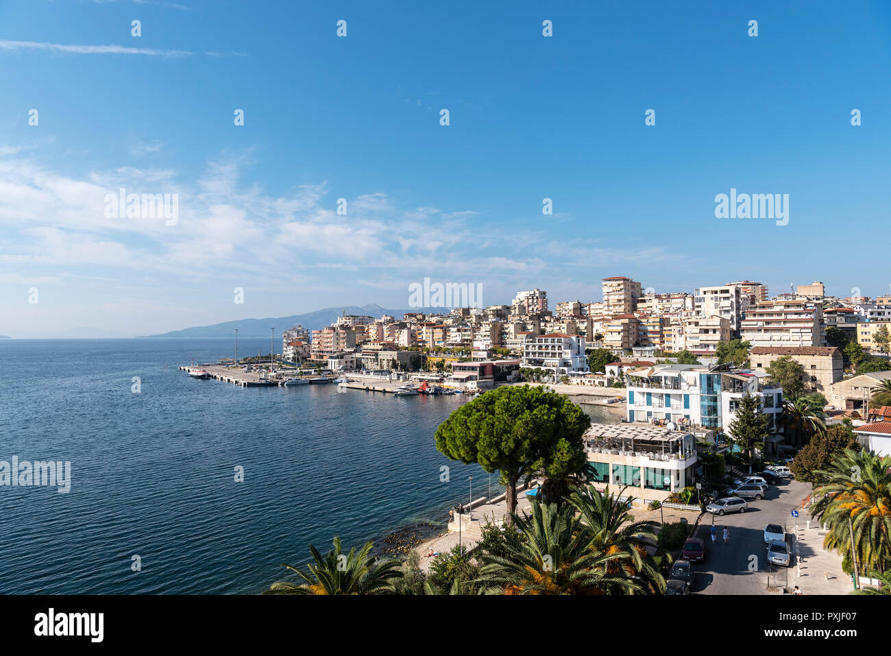 City view with ferry port, Saranda, Ionian Sea, Albania Stock Photo - Alamy