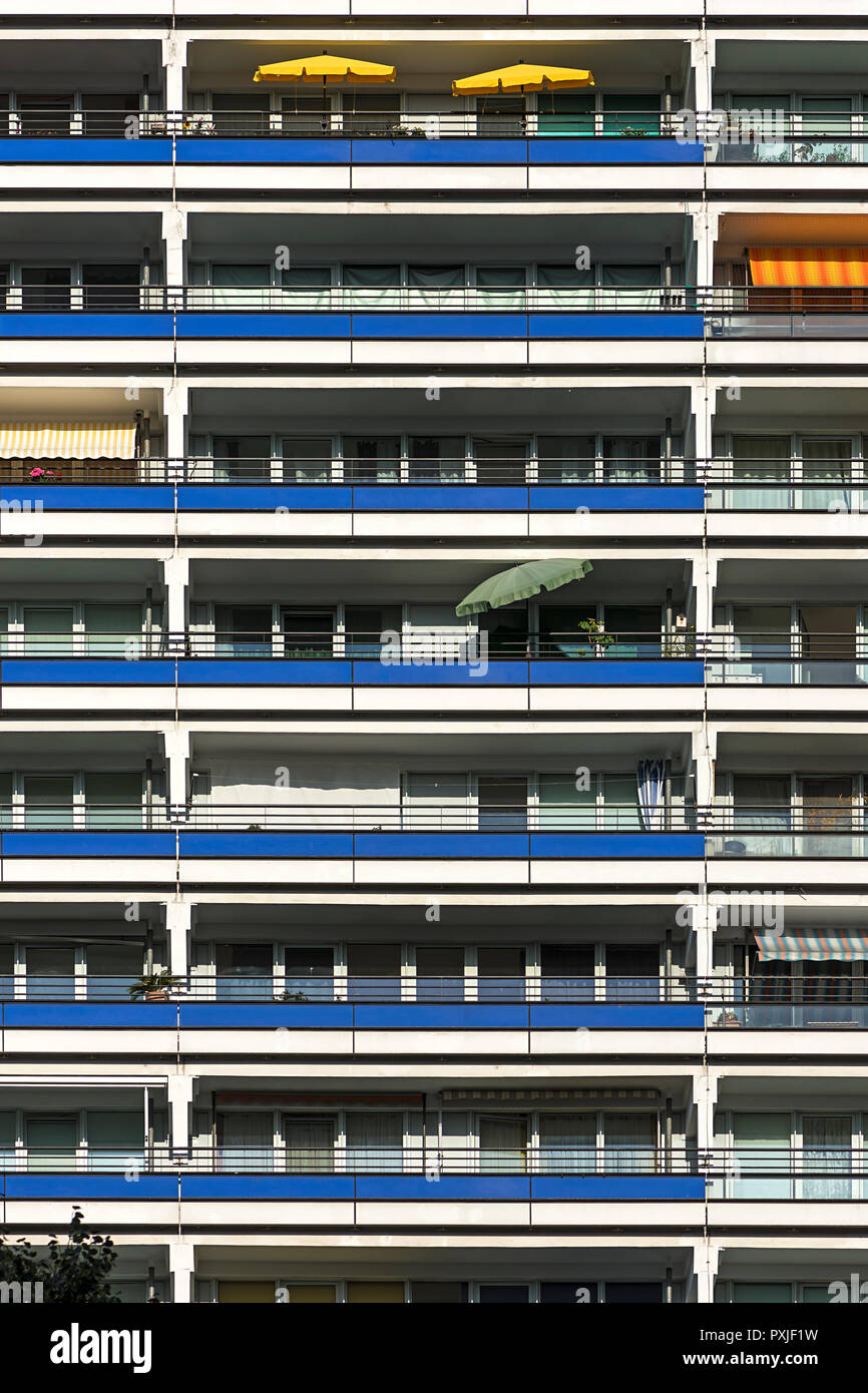 Detail of a high-rise facade with balconies on modernized prefabricated ...