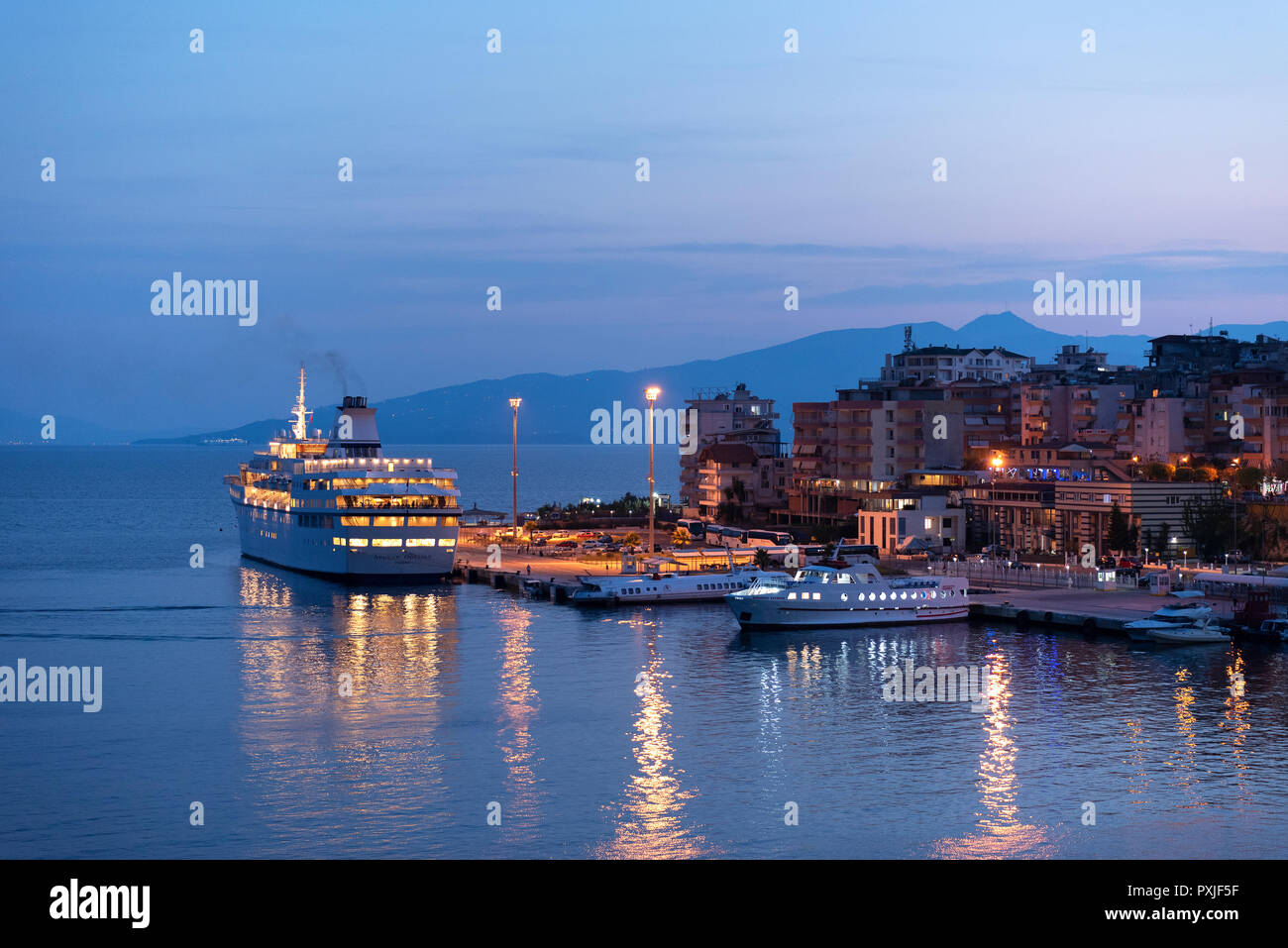 Cruise ship, ferry port at night, Saranda, Ionian Sea, Albania Stock ...