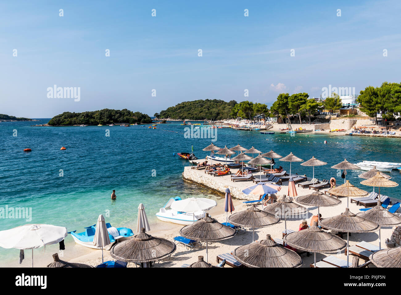 Tourists at the beach, Bay, Resort, Ksamil, Saranda, Ionian Sea ...