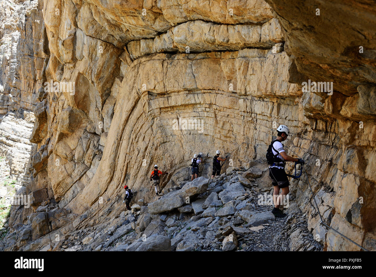Tourists on the first via ferrata in Arabia, Via Ferrata, Jebel Jais ...