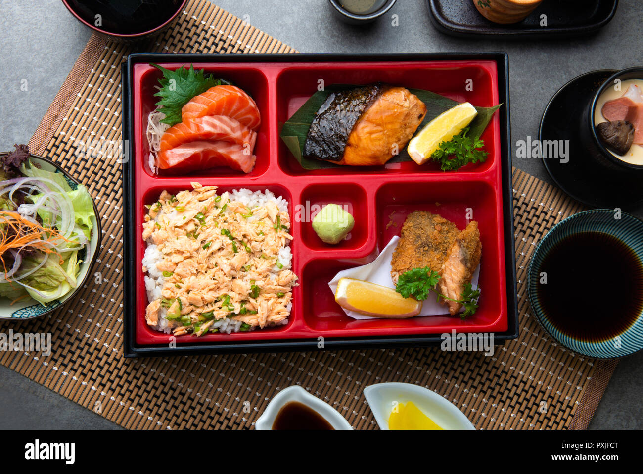 japanese bento set with teriyaki salmon and tempura Stock Photo - Alamy